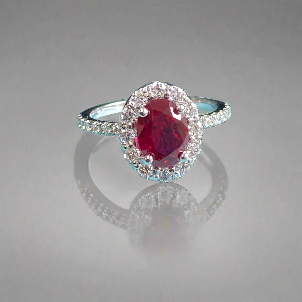 Oval Ruby Diamond Halo Engagement Ring | TheNetJeweler